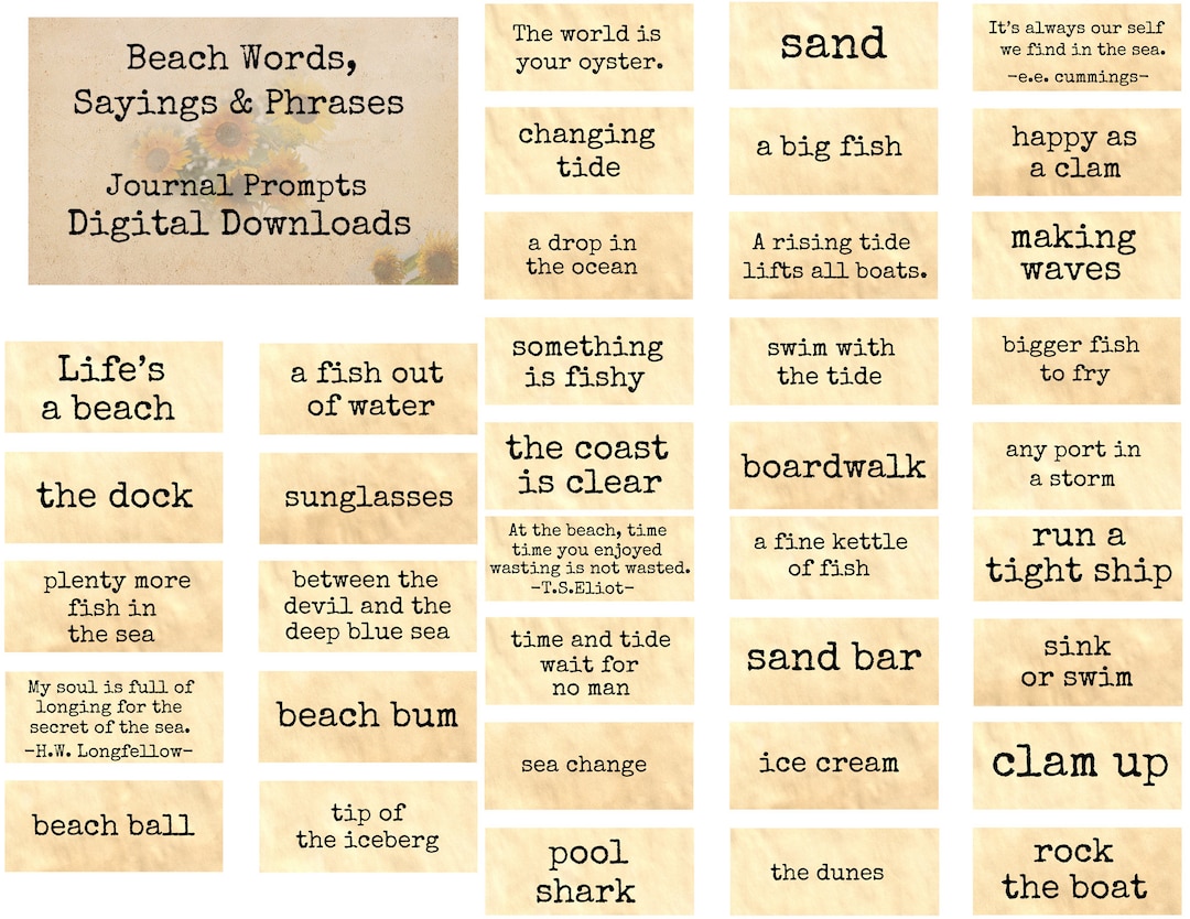 Beach Words, Sayings & Phrases - Journal Prompts, Printable Words ...