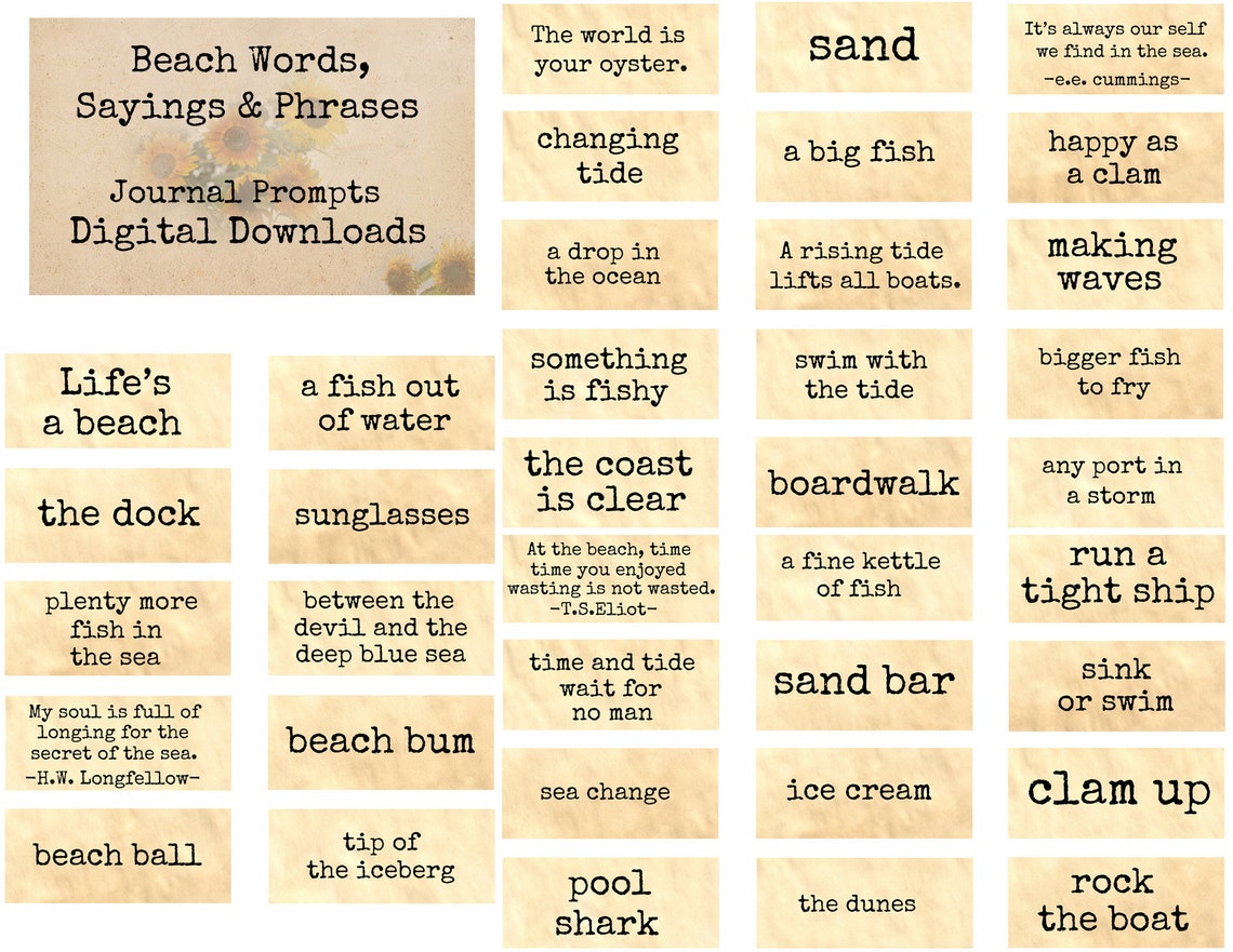 Beach Words, Sayings & Phrases - Journal Prompts, Printable Words ...