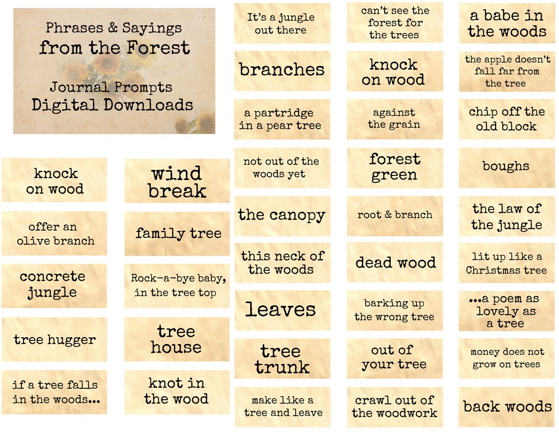 Forest Phrases and Sayings - Journal Prompts, Printable Words, Instant ...