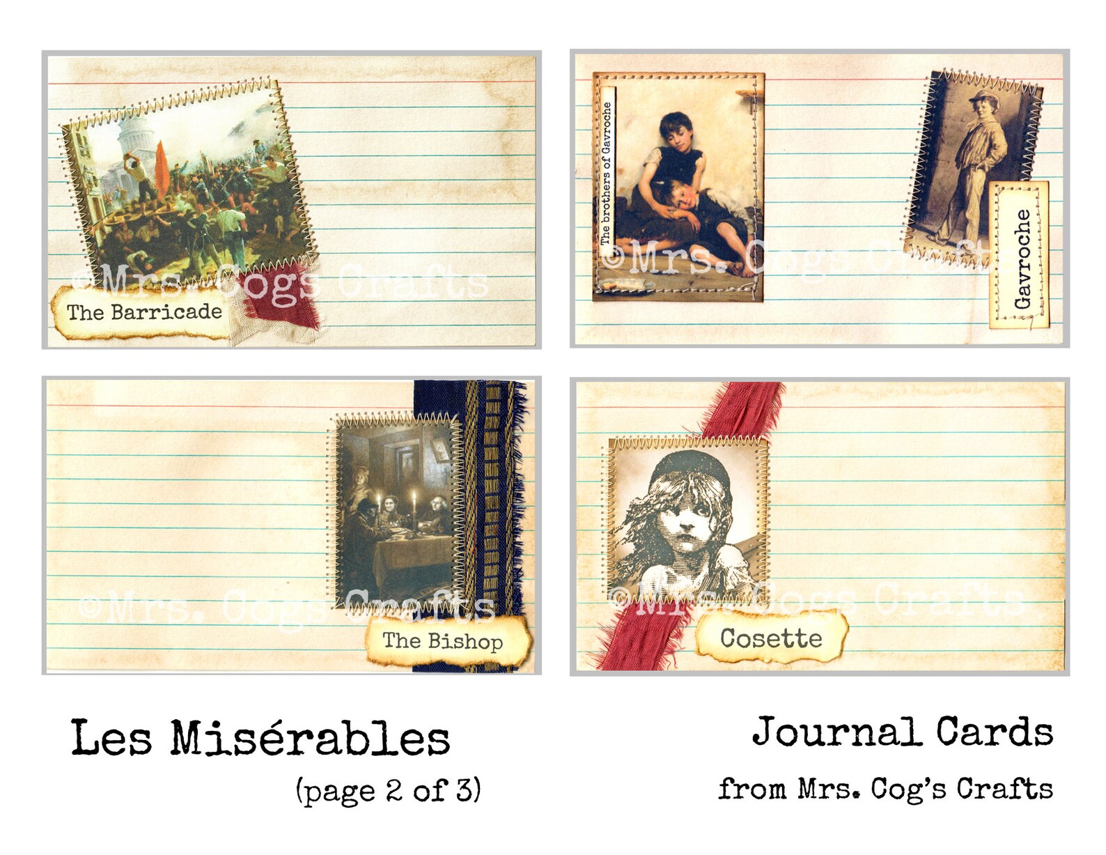 Les Misérables Journal Cards - Digital Images, Printable Index Cards ...