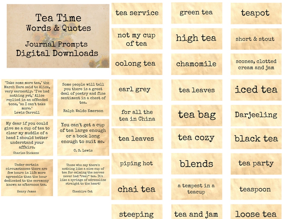 Tea Time Words & Quotes - Journal Prompts, Printable Words, Instant ...
