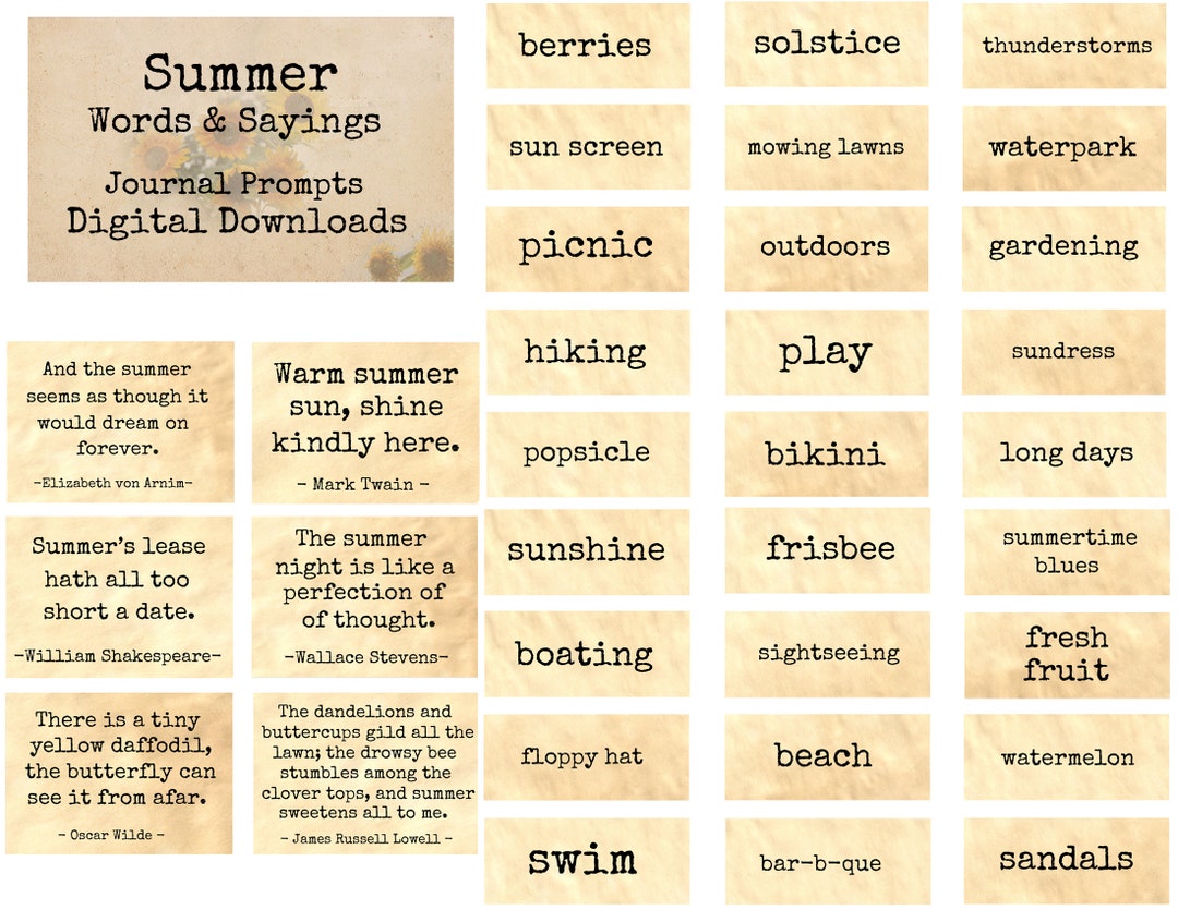 Summer Words & Sayings - Journal Prompts, Printable Words, Instant ...