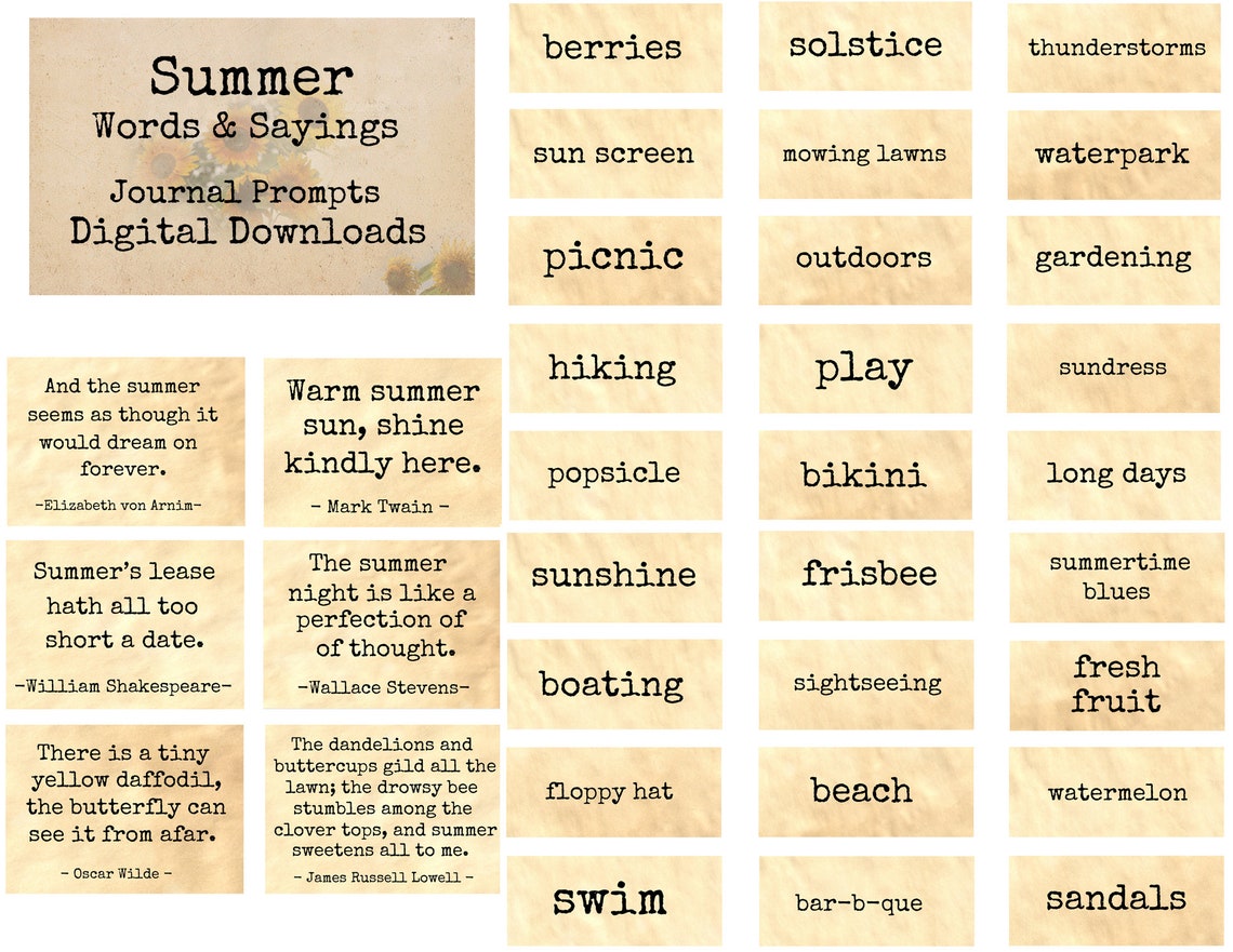 Summer Words & Sayings - Journal Prompts, Printable Words, Instant ...