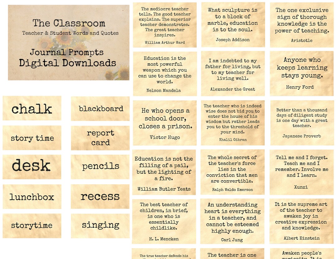 Classroom Teacher & Student Words and Quotes - Journal Prompts, Instant ...
