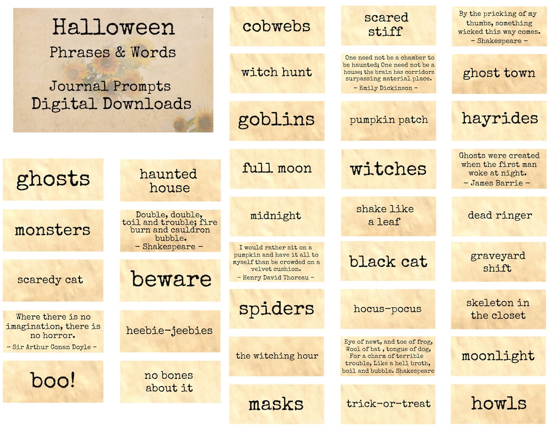 Halloween Phrases & Sayings - Journal Prompts, Printable Words, Instant ...