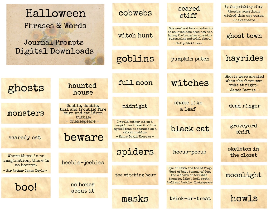 Halloween Phrases & Sayings - Journal Prompts, Printable Words, Instant ...