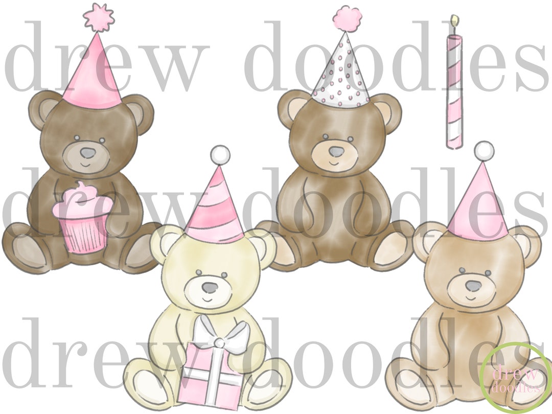 Watercolor Teddy Bear Pink Birthday Digital Clip Art Set- Instant ...