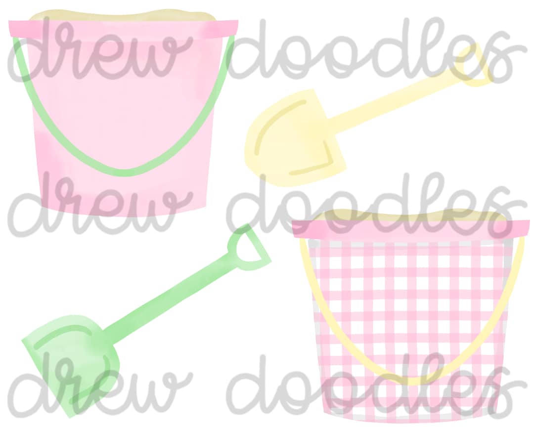 Watercolor Pink Gingham Sand Bucket Digital Clip Art Set- Instant ...