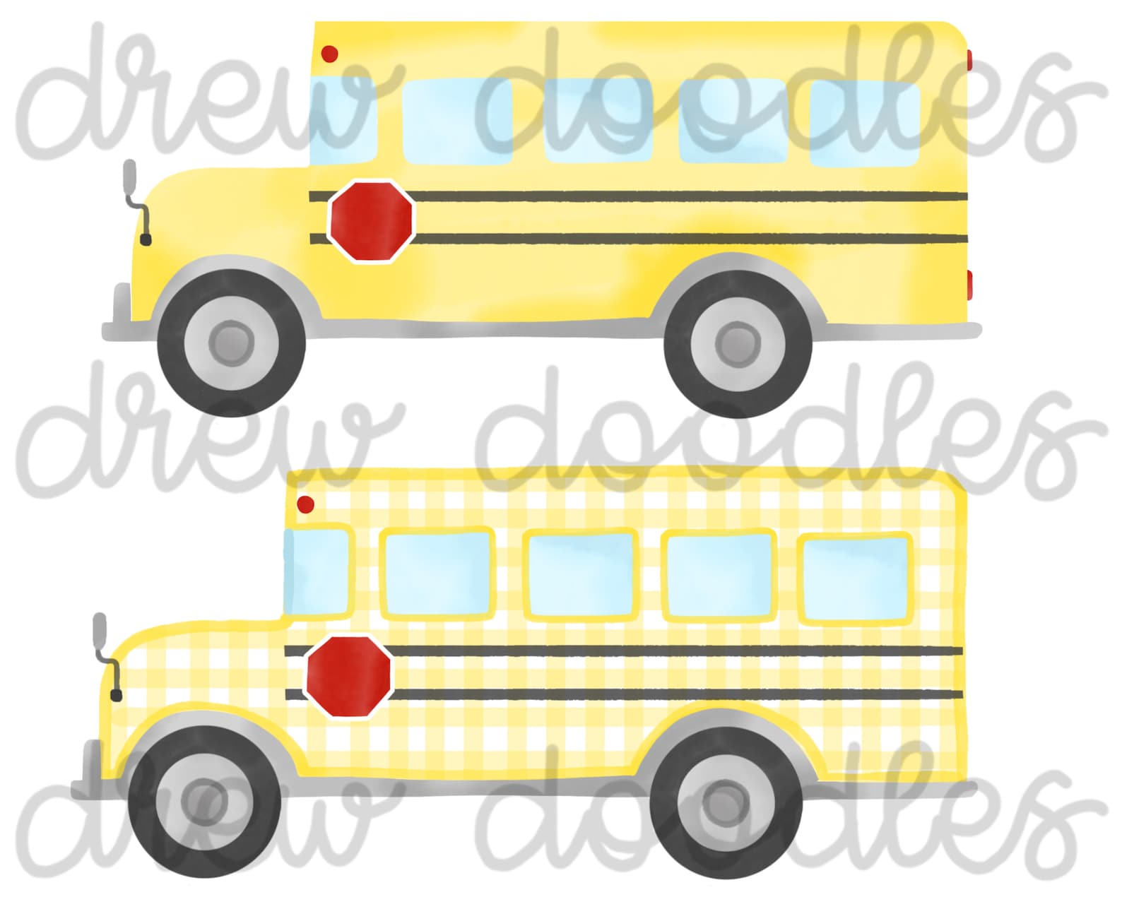 Watercolor Yellow Gingham School Bus Digital Clip Art Set - Etsy