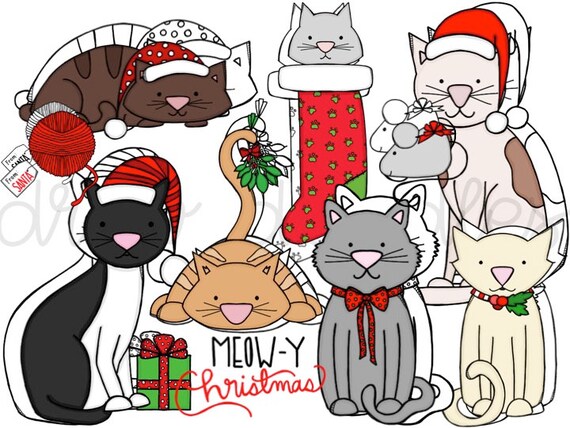Meow-y Christmas Digital Clip Art Set Color and Black Line | Etsy