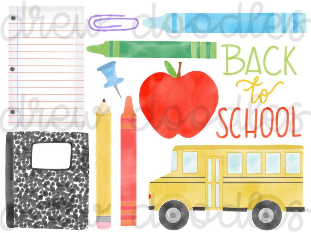 Watercolor Back to School Doodles Digital Clip Art Set- Instant ...