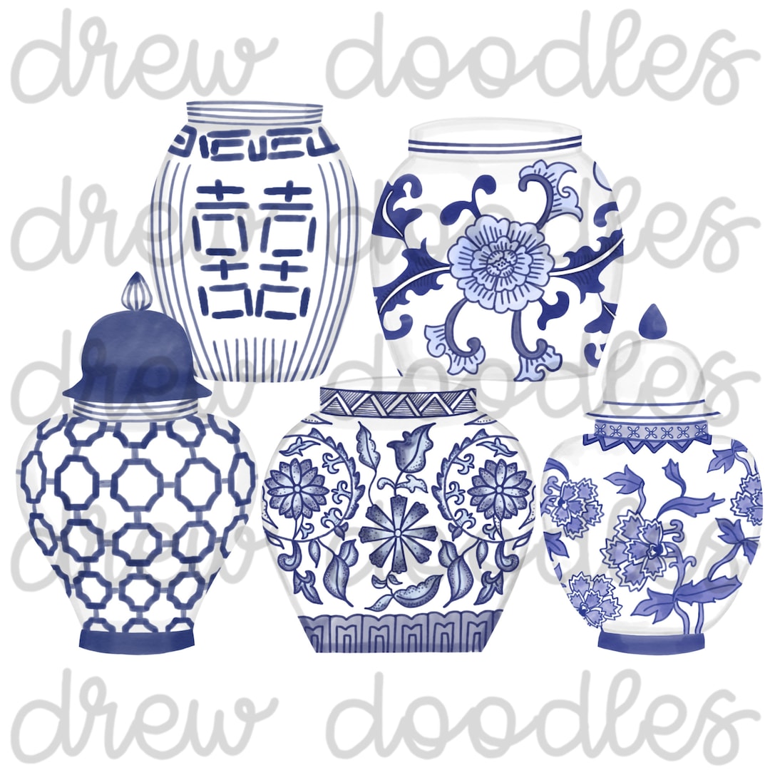 Watercolor Chinoiserie Ginger Jars- Digital Clip Art Set- Instant ...