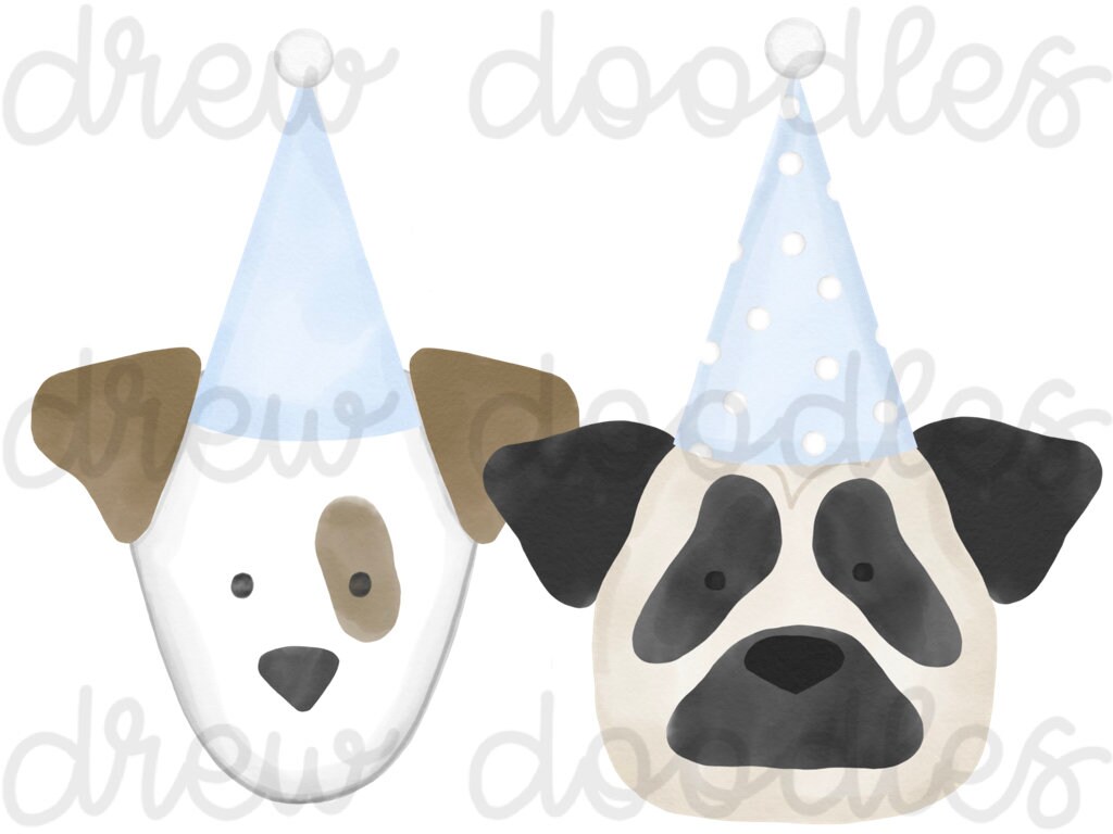 Watercolor Baby Blue Party Pawty Dog Heads Digital Clip Art - Etsy