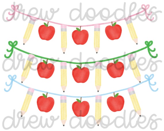 Watercolor Apple and Pencil Banner for Monogram Digital Clip - Etsy