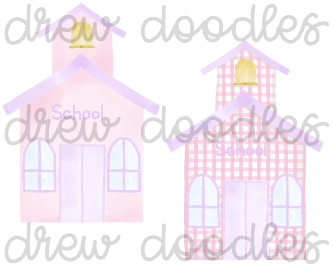 Watercolor Pink Gingham Pastel School Houses Digital Clip Art - Etsy