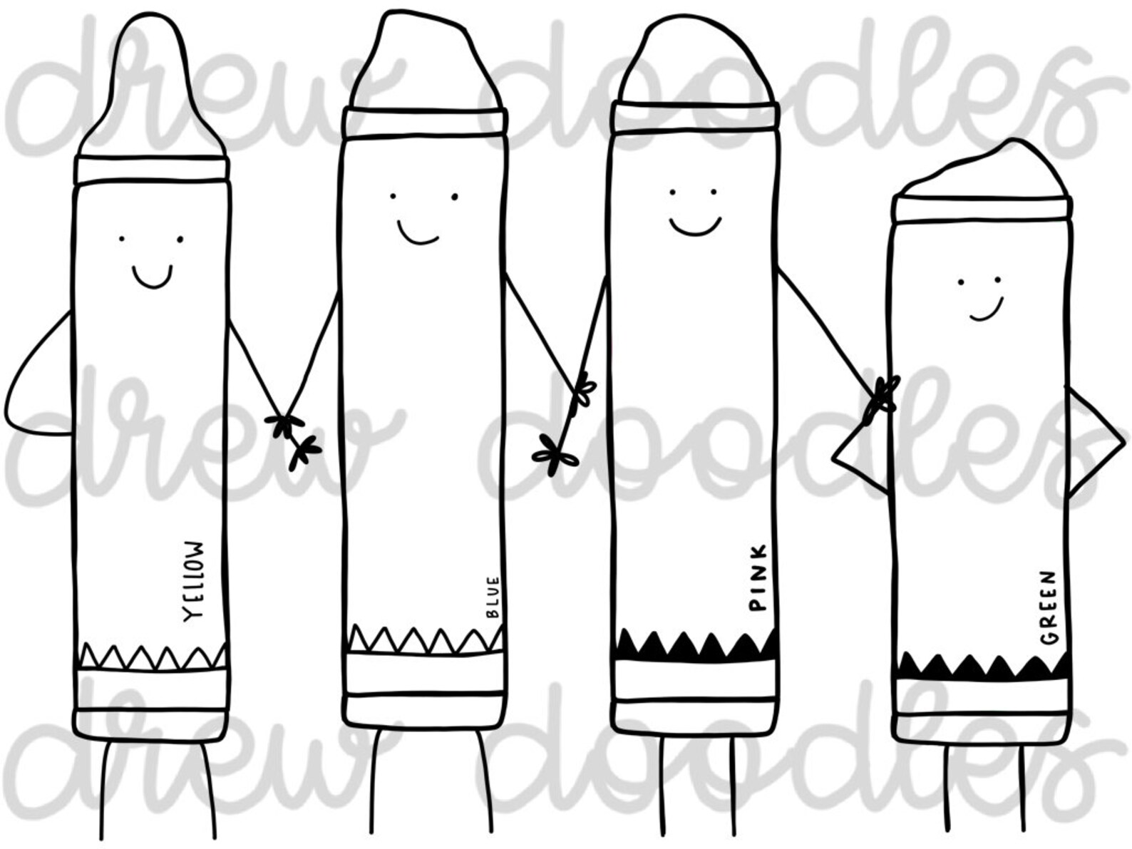 Crayon Characters Digital Clip Art Set Black Line Version | Etsy