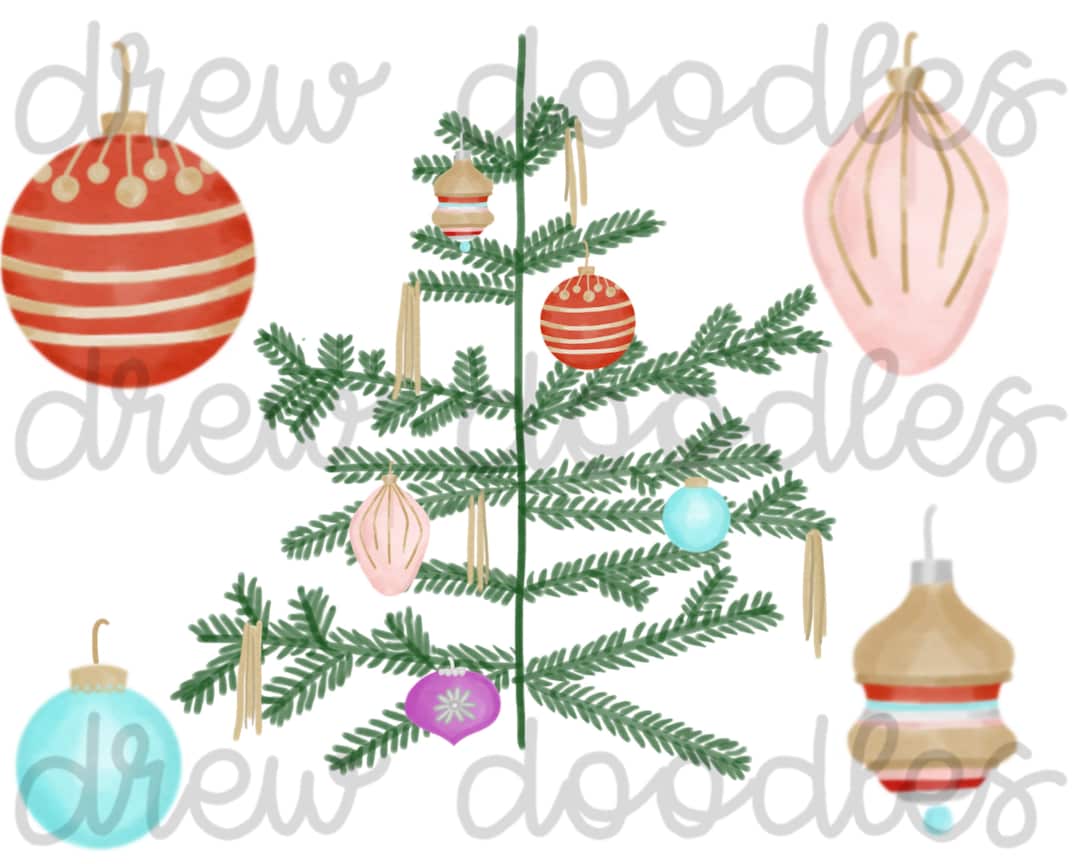 Watercolor Retro Vintage Christmas Trees With Ornaments- Digital Clip ...