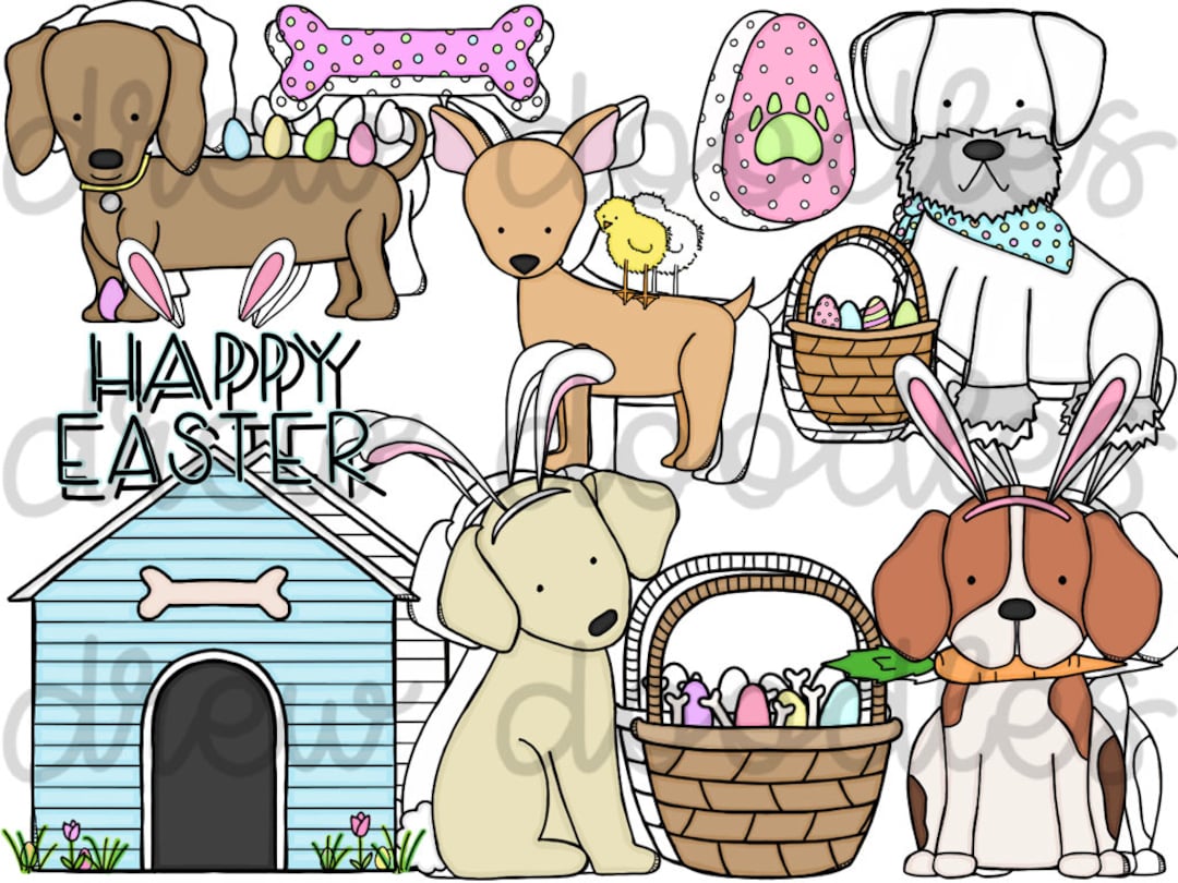 Easter Dogs Digital Clip Art Set- Color and Black Line COMBO- Instant ...