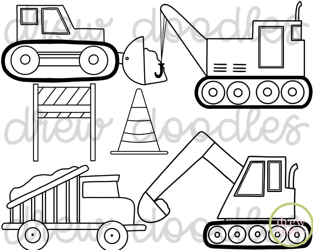 Black Outline Construction Trucks Digital Clip Art Set- Instant ...