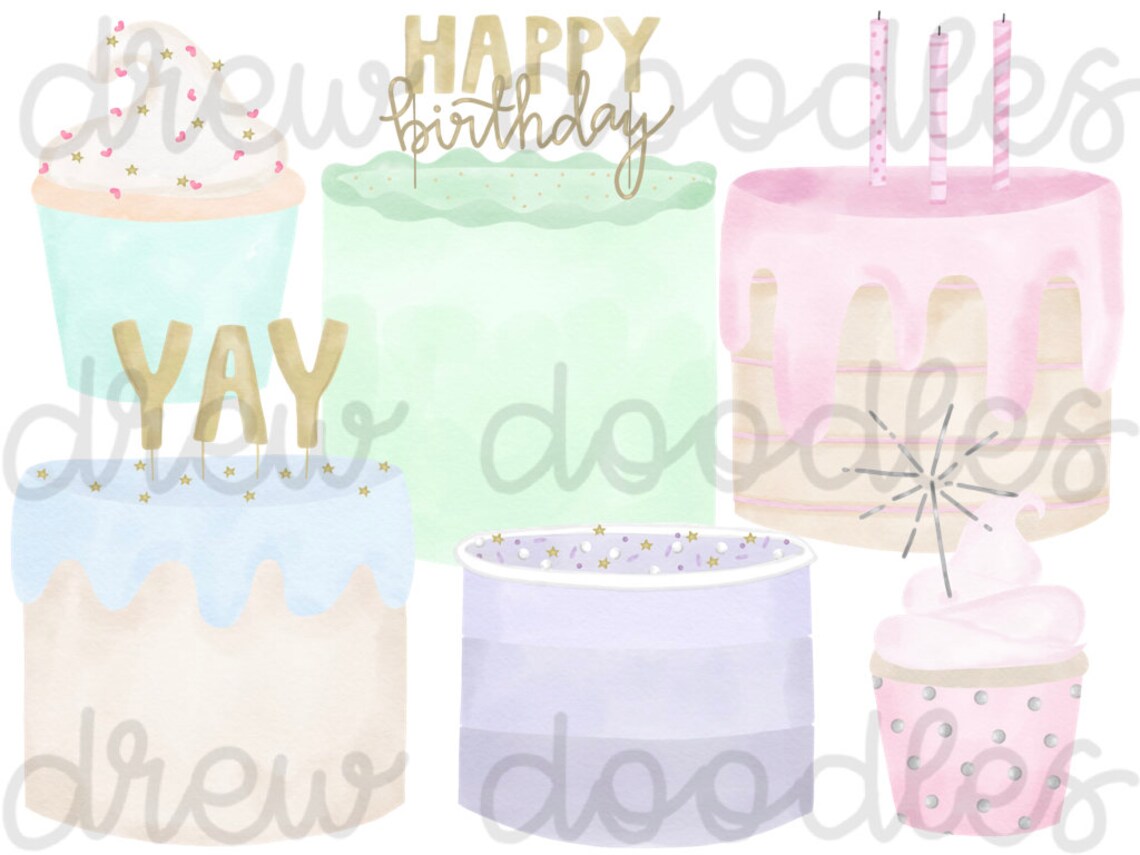 Watercolor Birthday Cakes Digital Clip Art Set- Instant Download - Etsy