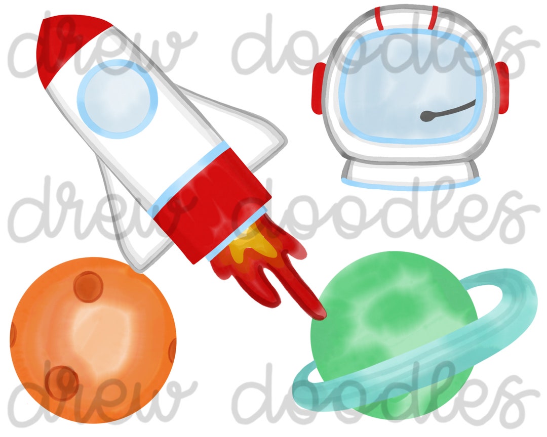 Watercolor Outer Space, Rocket Ship, Astronaut, Planets Digital Clip ...