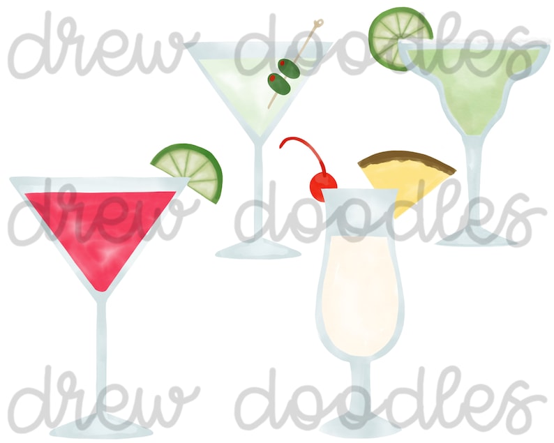 Watercolor Cocktails Margarita Cosmo Pina Colada Martini - Etsy