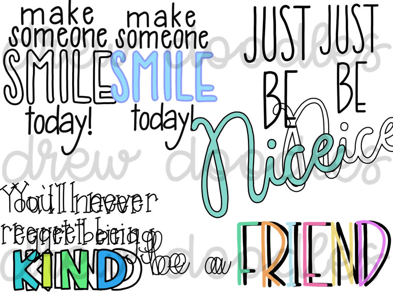 Kindness Doodles Digital Clip Art Set Color and Black Line | Etsy