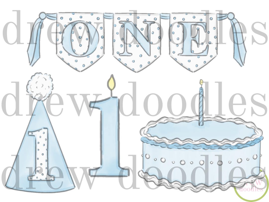 Watercolor Blue Bitty Dot First Birthday Digital Clip Art Set- Instant ...
