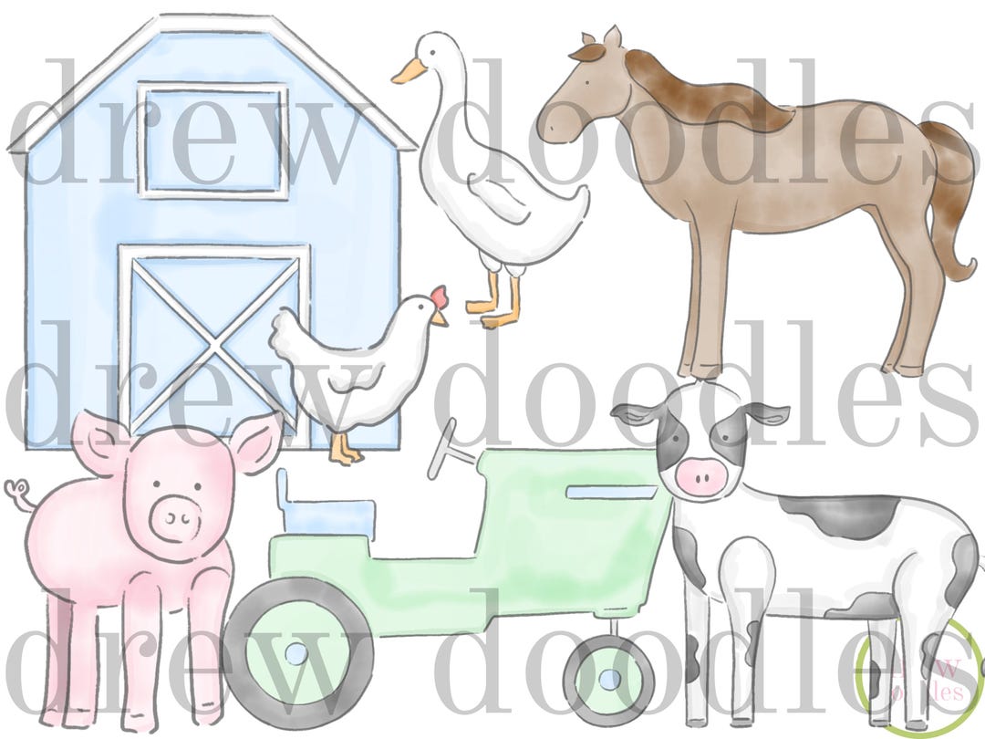 Watercolor Blue Pastel Farm Animals Digital Clip Art Set- Instant ...