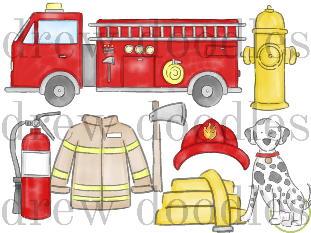Watercolor Firemen Fire Station Firetruck Digital Clip Art Set- Instant ...