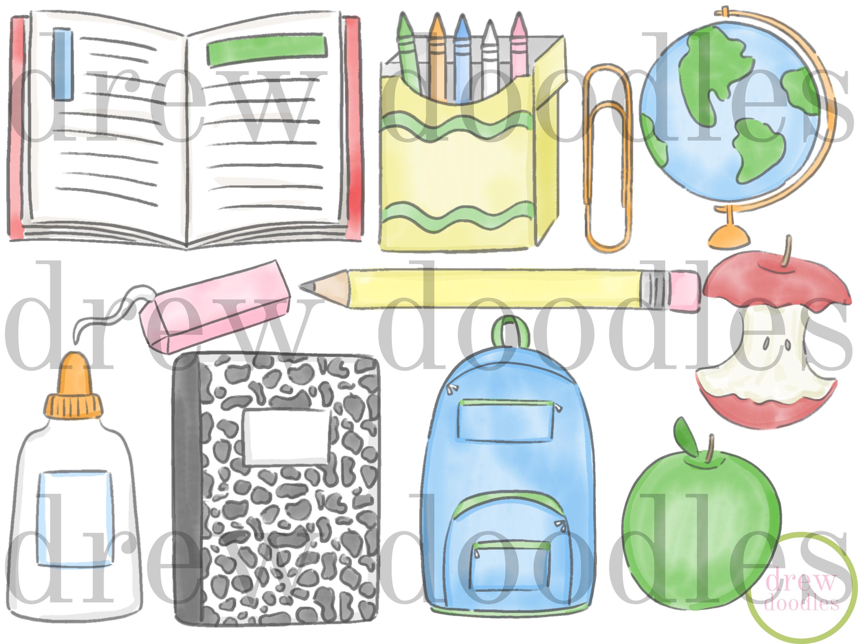 Watercolor Colorful School Supplies Digital Clip Art Set- Instant ...