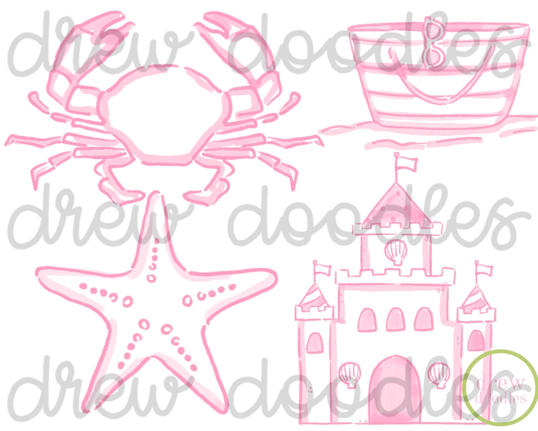 Watercolor Pink Beach Coastal Toile Elements Digital Clip Art Set ...