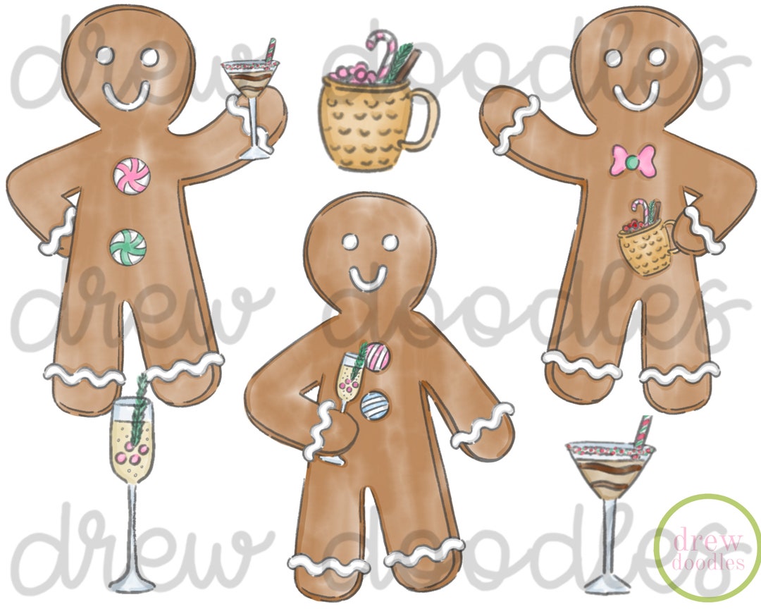 Watercolor Pastel Gingerbread Men With Cocktails Digital Clip Art Set ...
