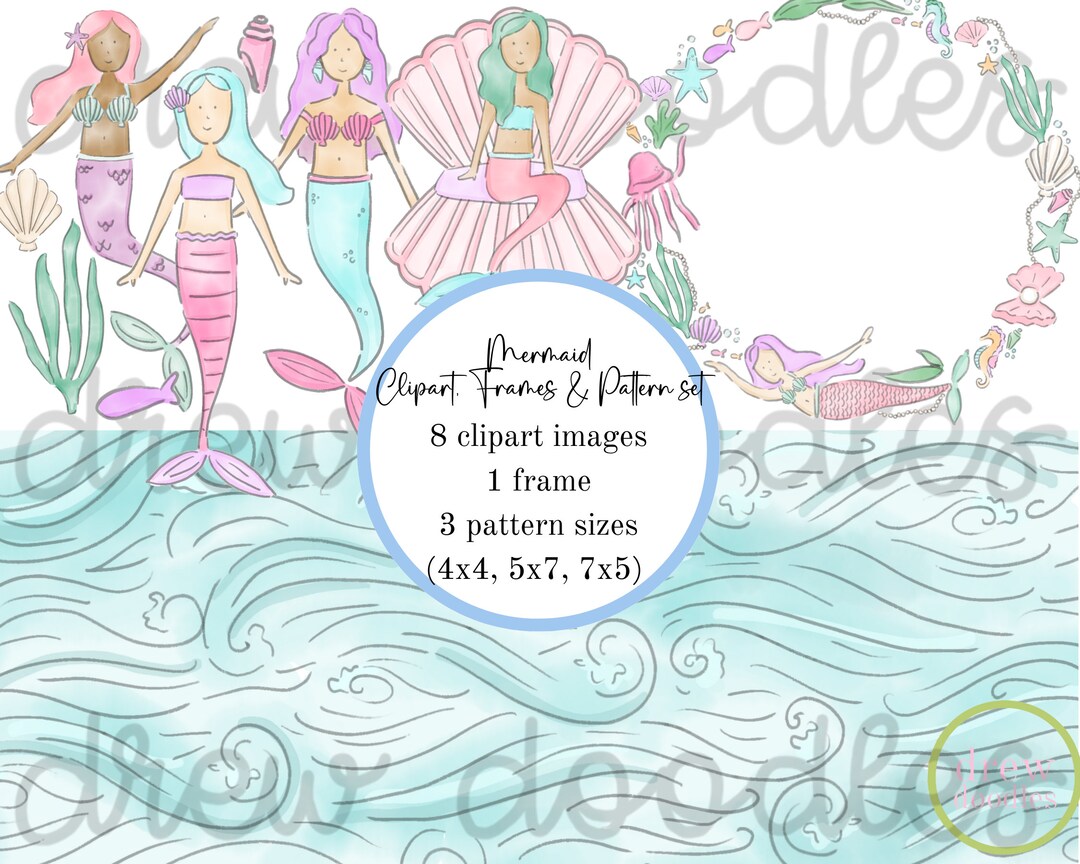Watercolor Mermaid Frame, Clip Art, and Pattern COMBO- Instant Download ...
