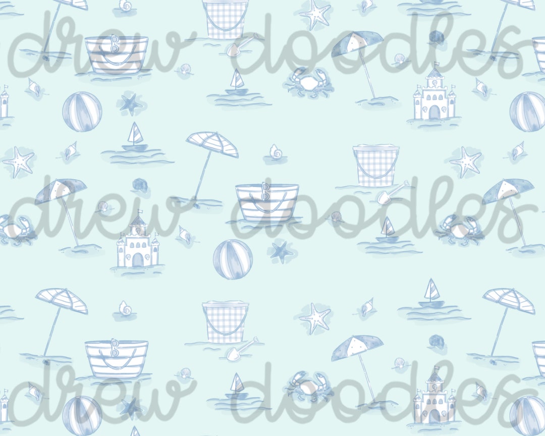 Watercolor Blue and Green Beach Coastal Toile Print Digital Papers ...