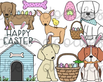 Easter Dogs Digital Clip Art Set Color and Black Line COMBO | Etsy