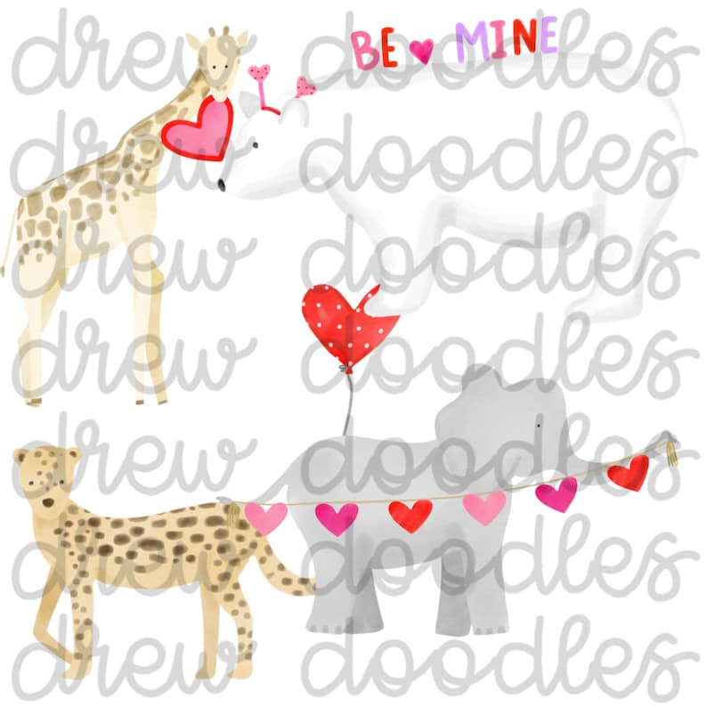 Watercolor Valentine's Day Zoo Animals Instant Download | Etsy