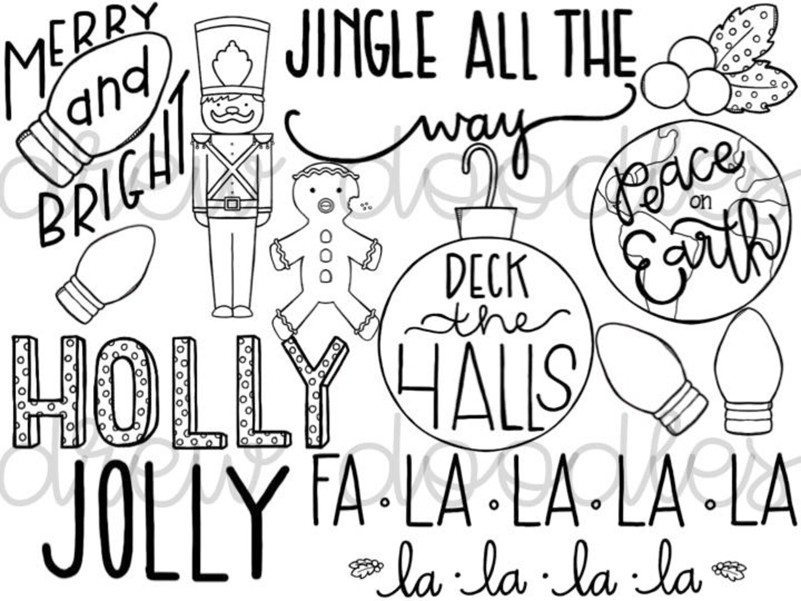 Christmas Doodles Digital Clip Art Set Color and Black Line | Etsy