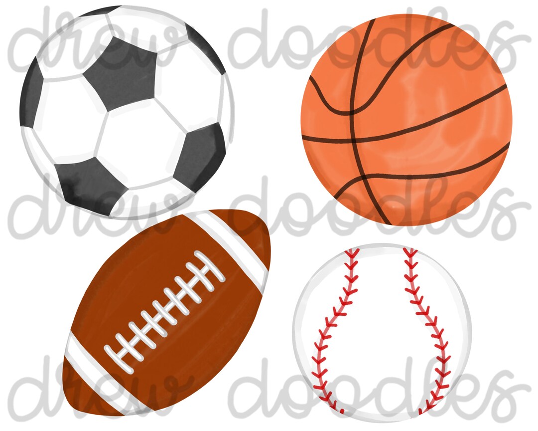 Watercolor Sports- Football, Baseball, Soccer, and Basketball- Digital ...