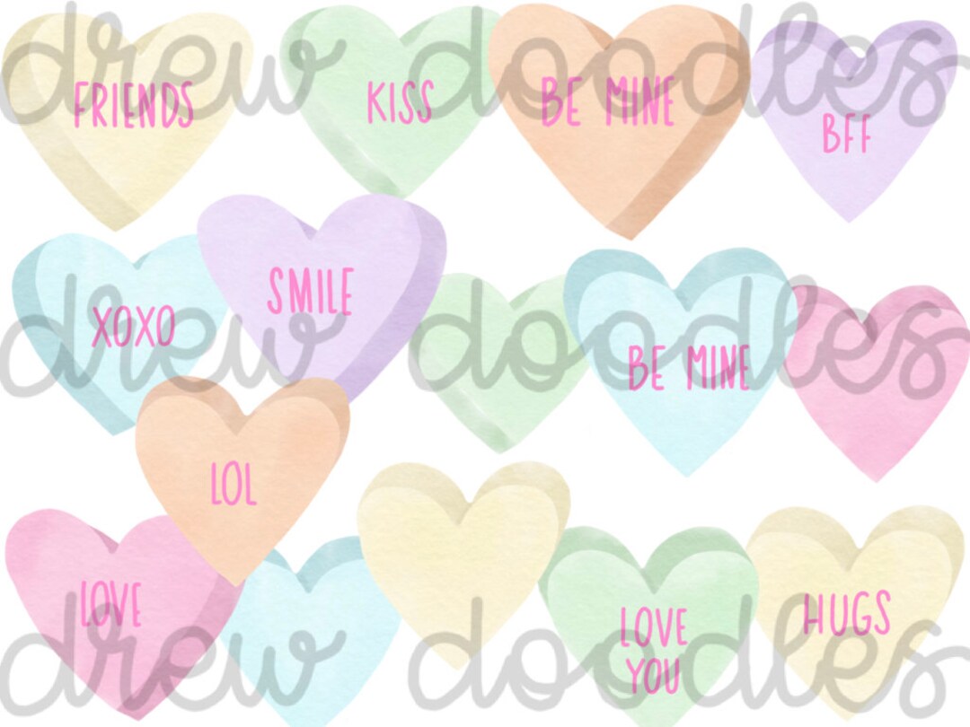 Watercolor Valentine's Day Conversation Hearts Digital Clip Art Set ...