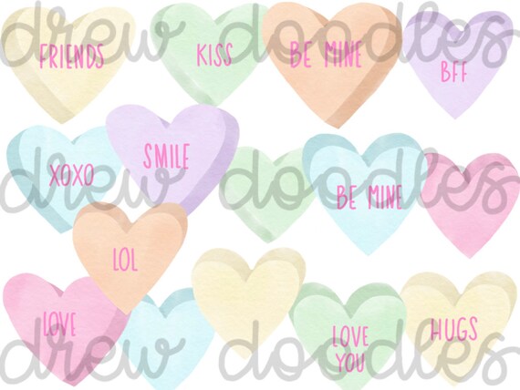 Watercolor Valentine's Day Conversation Hearts Digital | Etsy