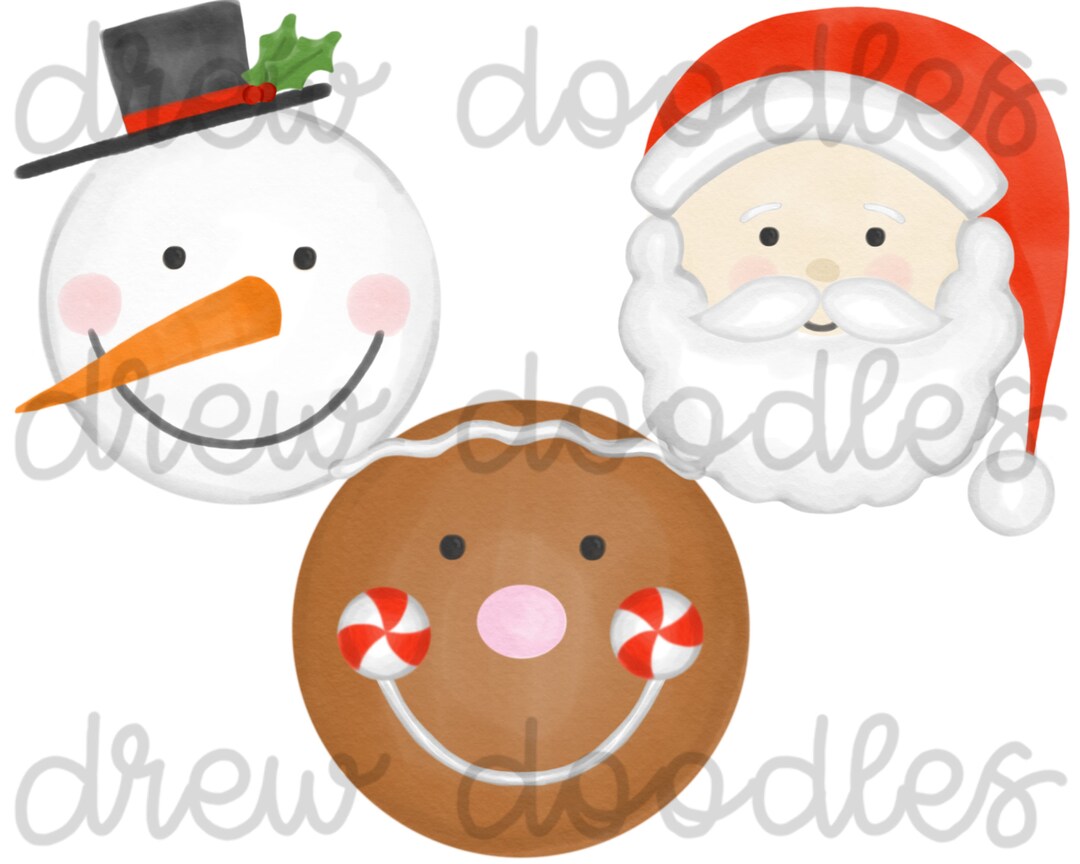 Watercolor Christmas Santa Snowman Gingerbread Faces Digital Clip Art ...