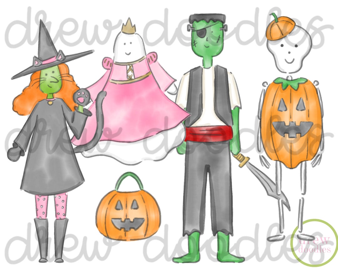 Watercolor Halloween Monsters in Costumes Digital Clip Art Set- Instant ...