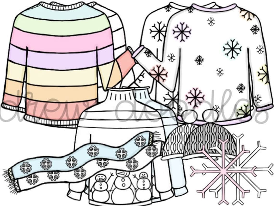 Winter Sweaters Digital Clip Art Set Color and Black Line | Etsy