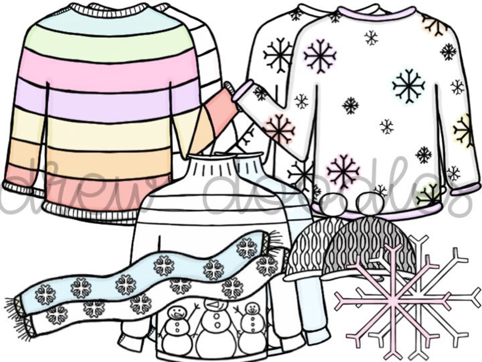 Winter Sweaters Digital Clip Art Set Color and Black Line | Etsy