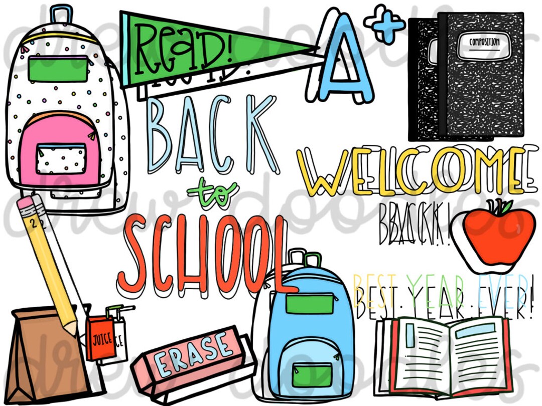 Back to School Doodles Digital Clip Art Set- Color and Black Line COMBO ...