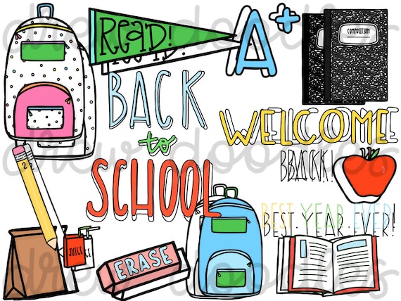 Back to School Doodles Digital Clip Art Set Color and Black | Etsy