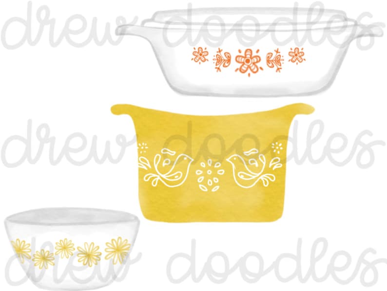 Watercolor Vintage Pyrex Digital Clip Art Set Instant | Etsy