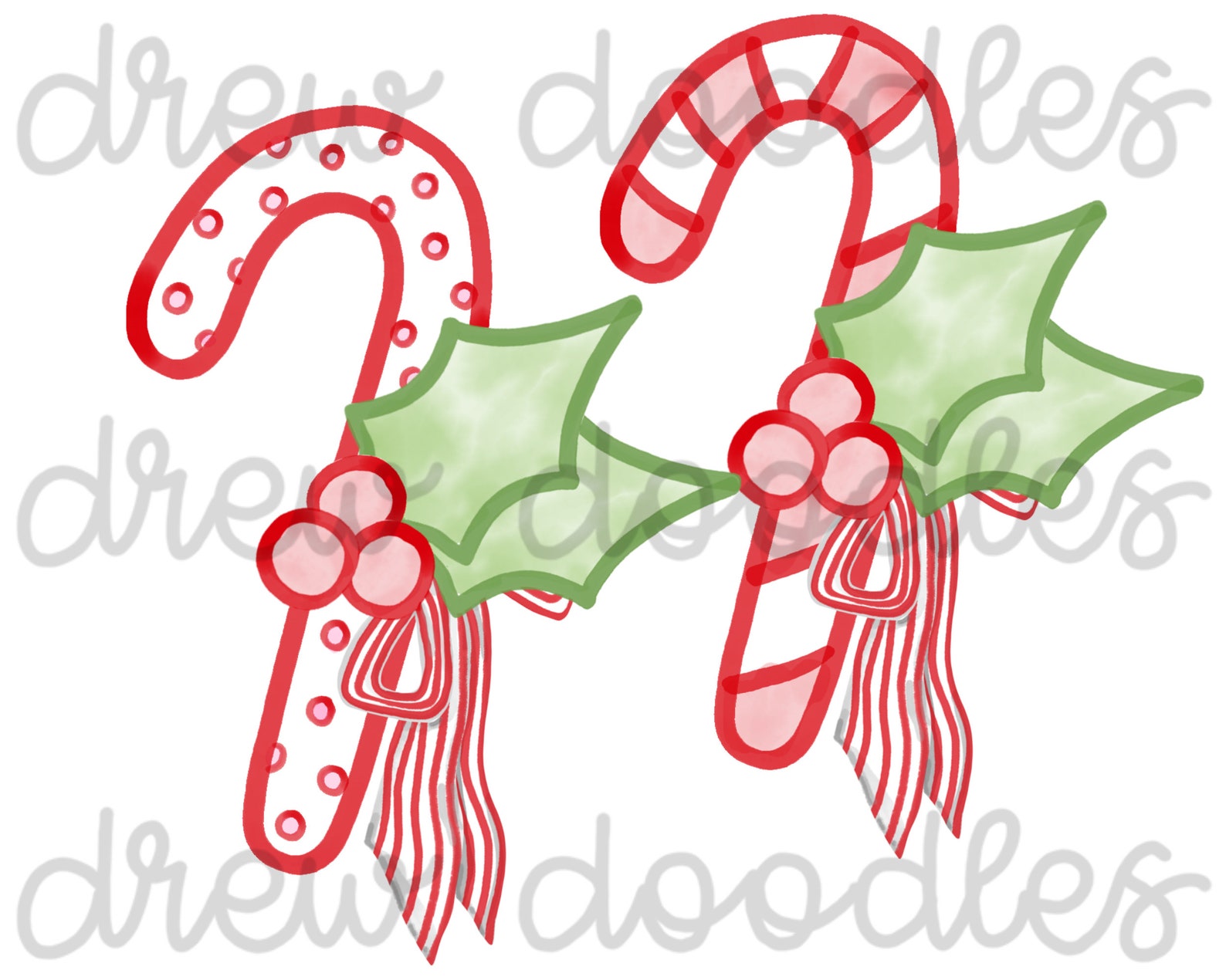 Watercolor Candy Canes and Holly Digital Clip Art Set Instant - Etsy