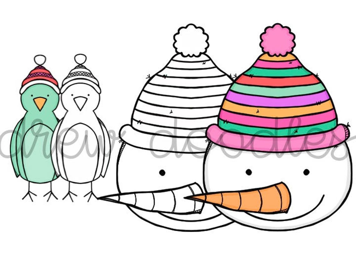 Bright Snowmen Digital Clip Art Set Color and Black Line - Etsy